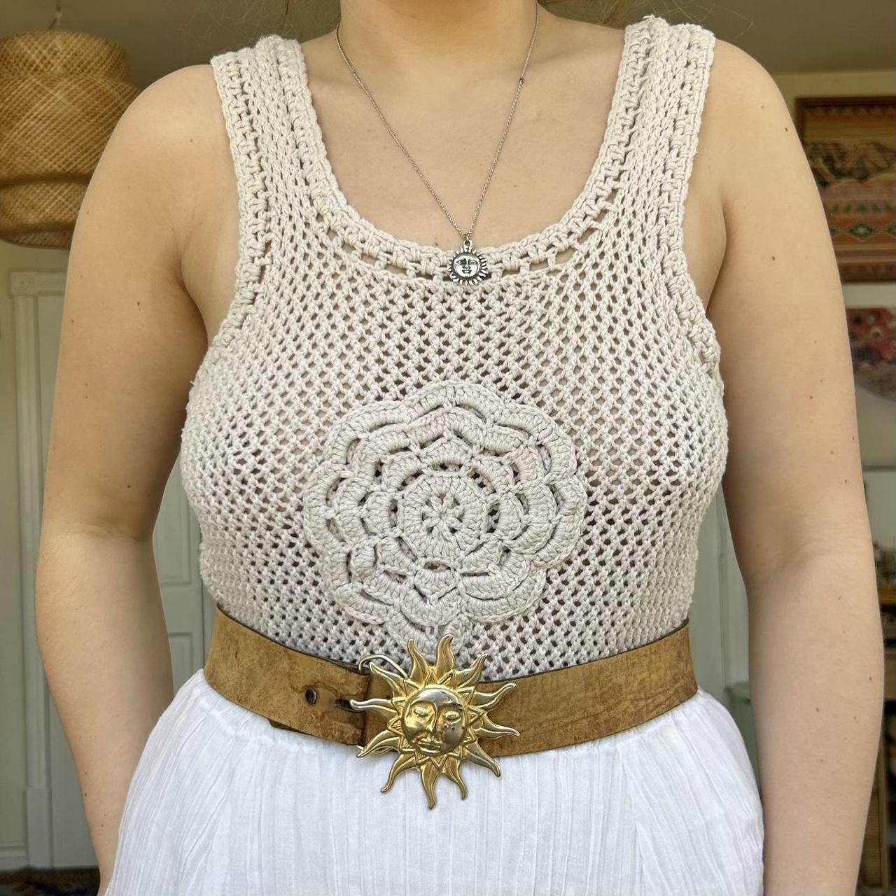 Gorgeous 70s style crochet flower cropped tank top!... - Depop