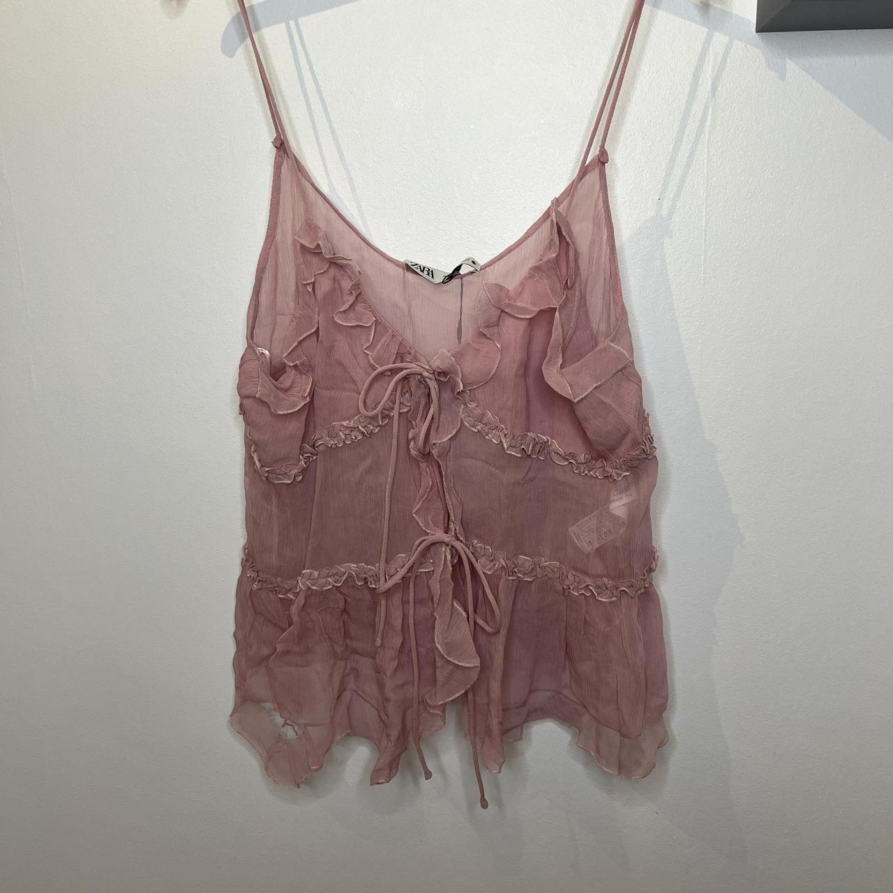 Zara semi sheer pink ruffle top, brand new with... | Depop