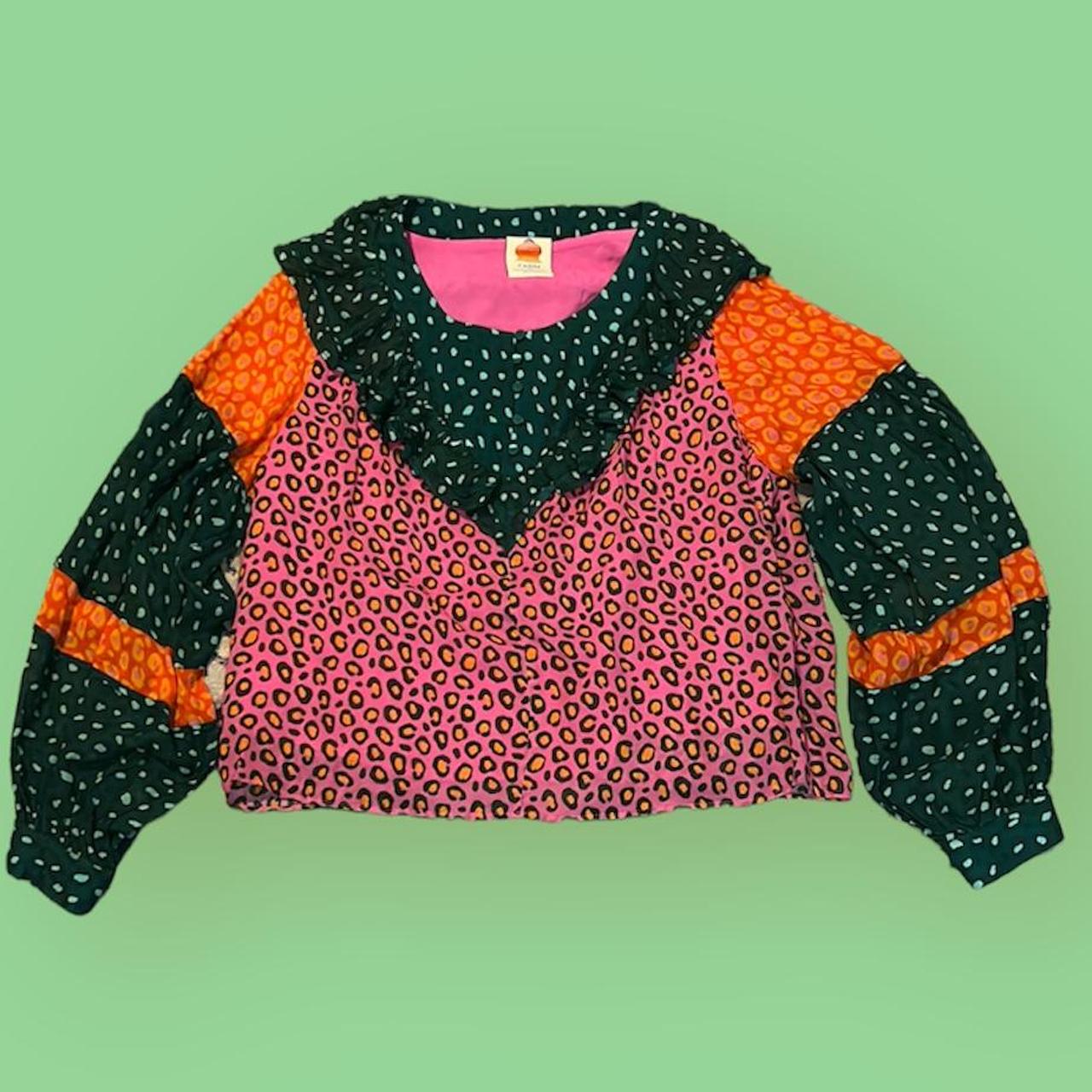 Farm Rio Women's Green and Pink Blouse | Depop