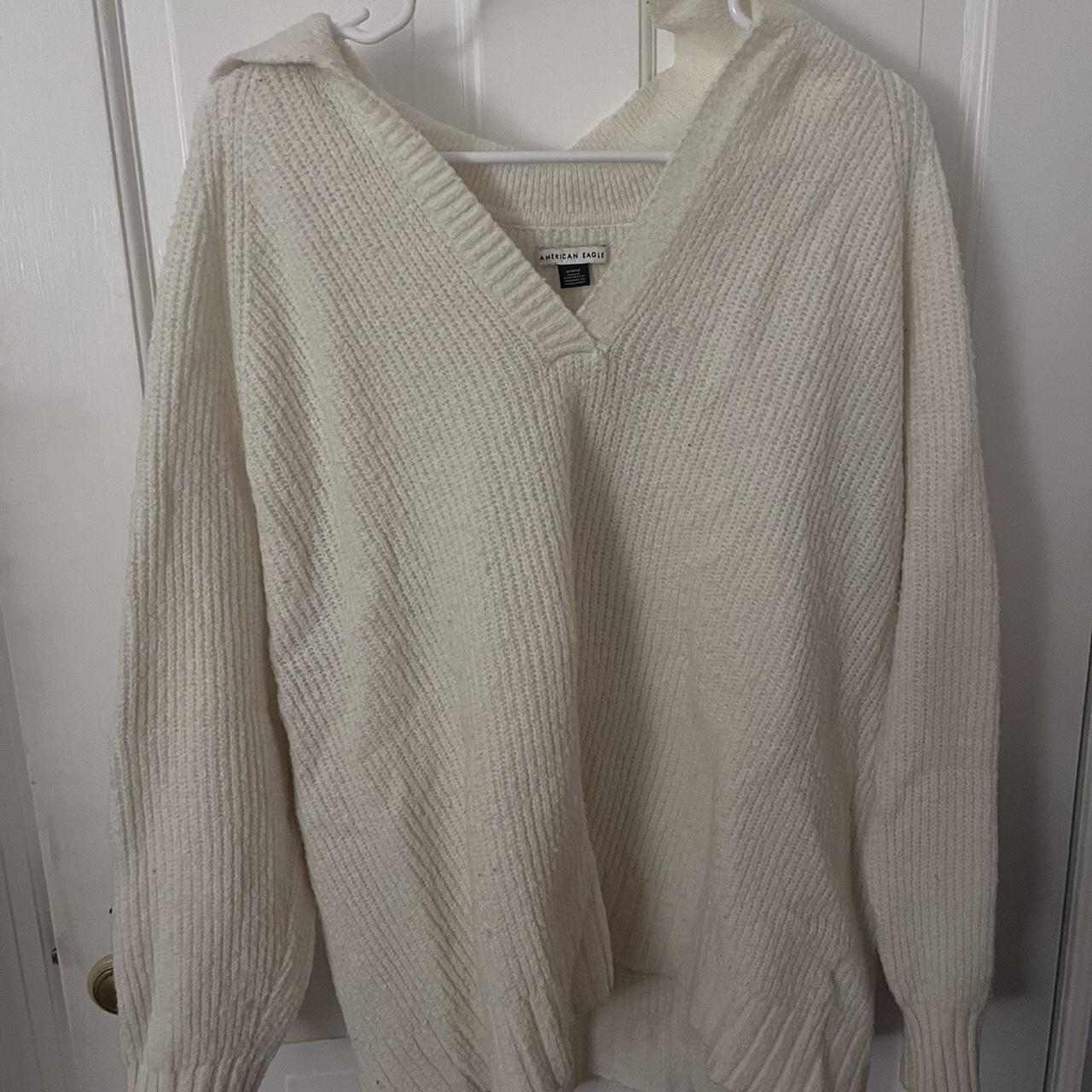 american eagle cream/beige/white collared v neck... - Depop