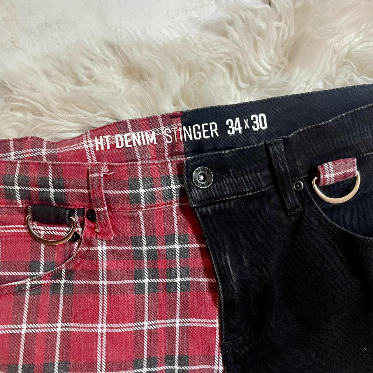 Hot Topic Red and black plaid skinny jeans with... | Depop