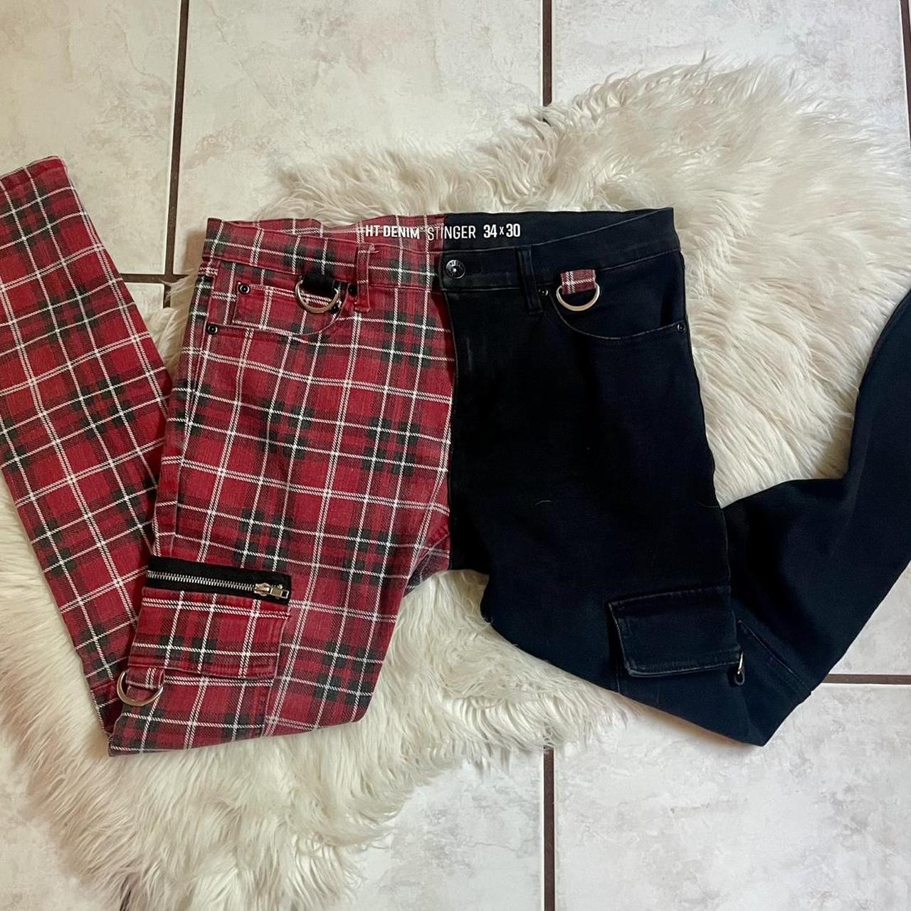 Hot Topic Red and black plaid skinny jeans with... | Depop