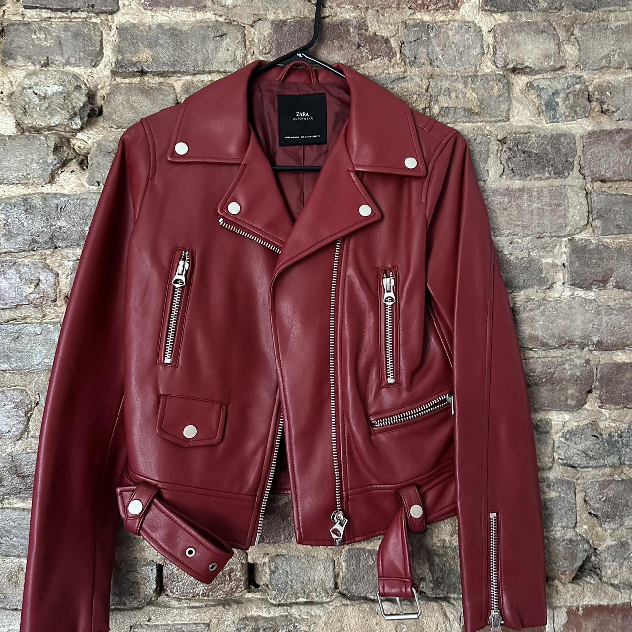 Zara - Burgundy/Red Faux Leather Moto Jacket - Size... - Depop