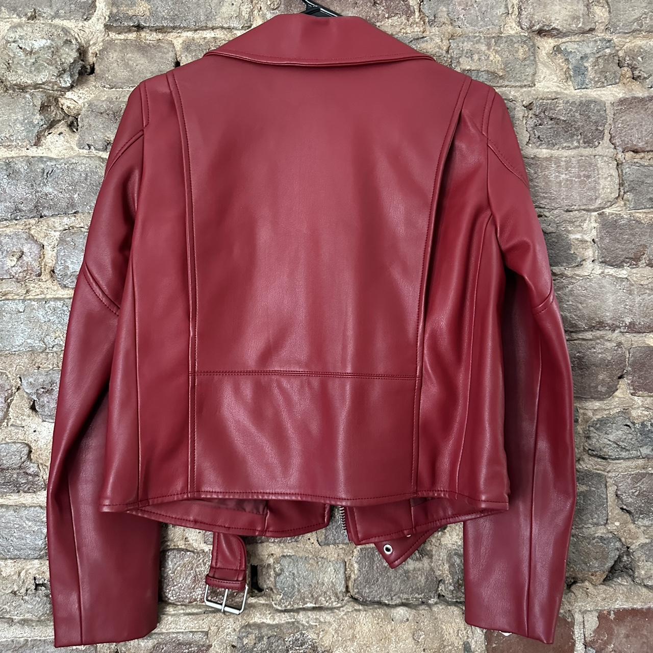Zara - Burgundy/Red Faux Leather Moto Jacket - Size... - Depop