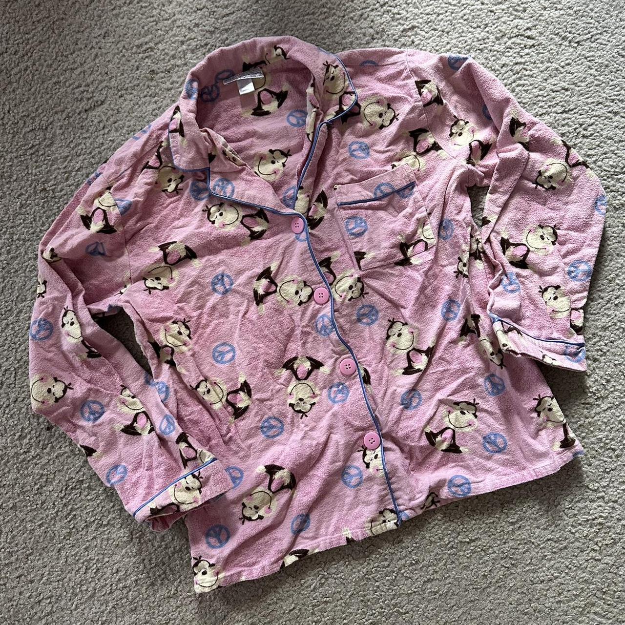 Vintage Y2K monkey and peace sign pink pajama top... | Depop