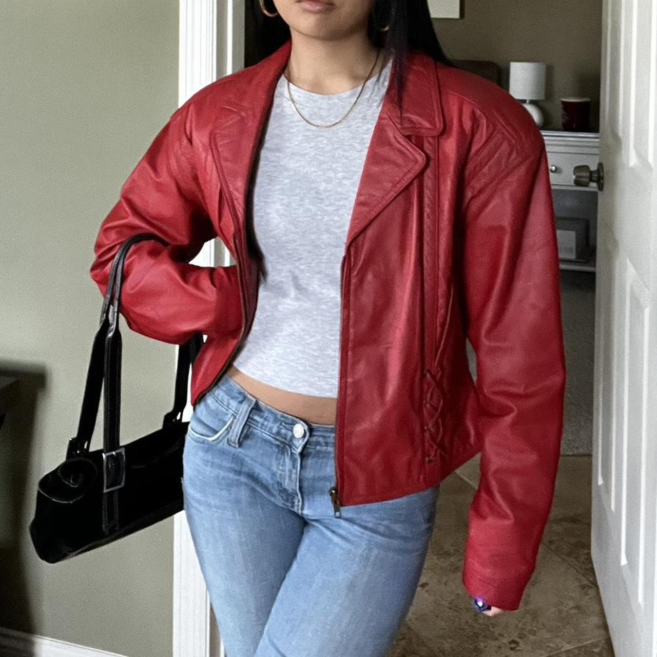 G III bright cherry red leather jacket, no size... - Depop