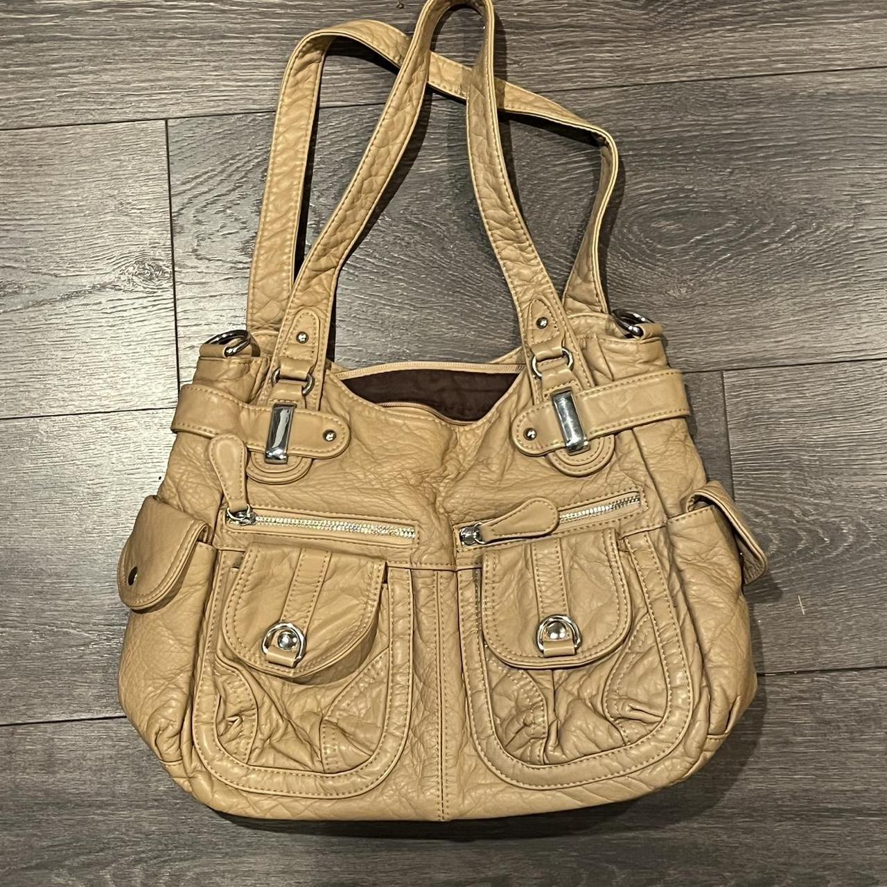 Tan leather shoulder bag purse with silver hardware... | Depop