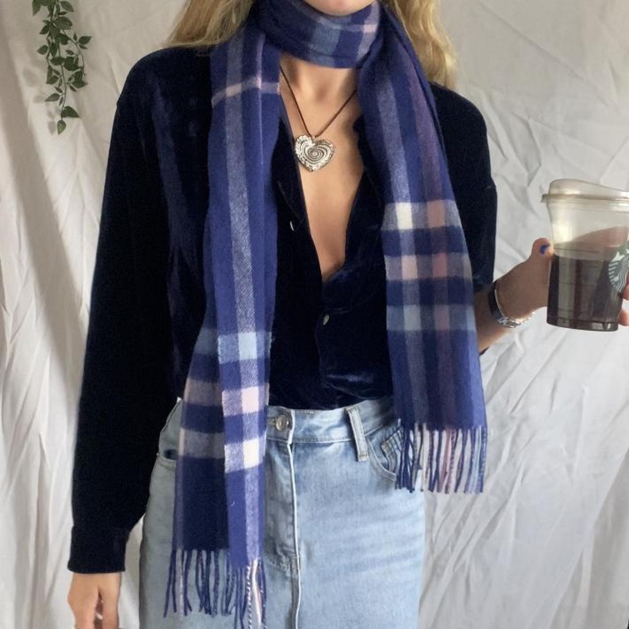 Vintage checked blue & purple scarf 100% lambs... - Depop