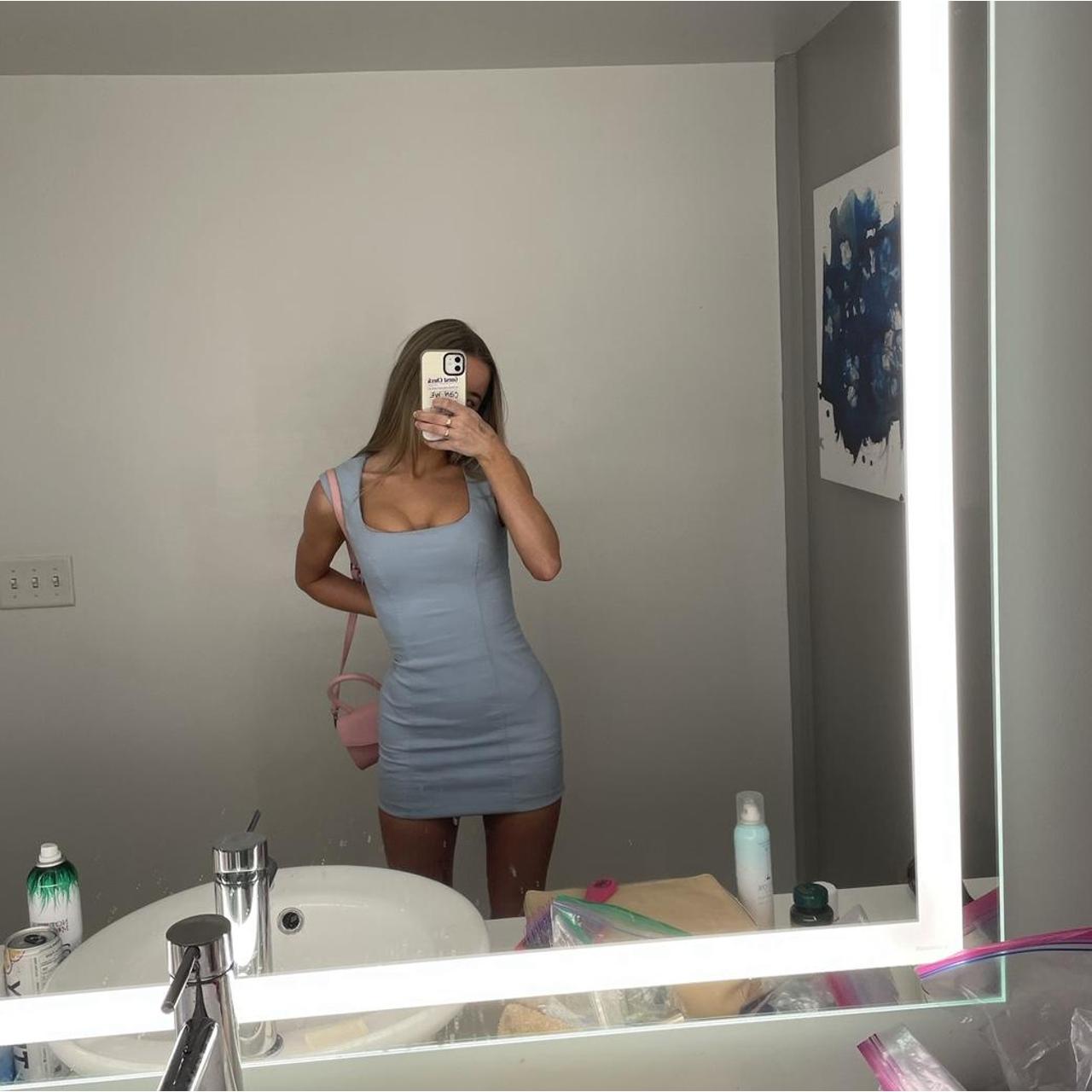 zara baby blue bodycon dress size xs this dress... - Depop