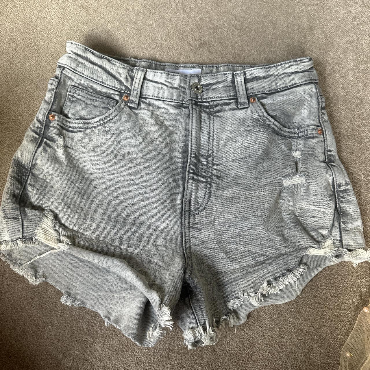 BERSHKA high waisted grey wash denim shorts EU 38 UK... - Depop