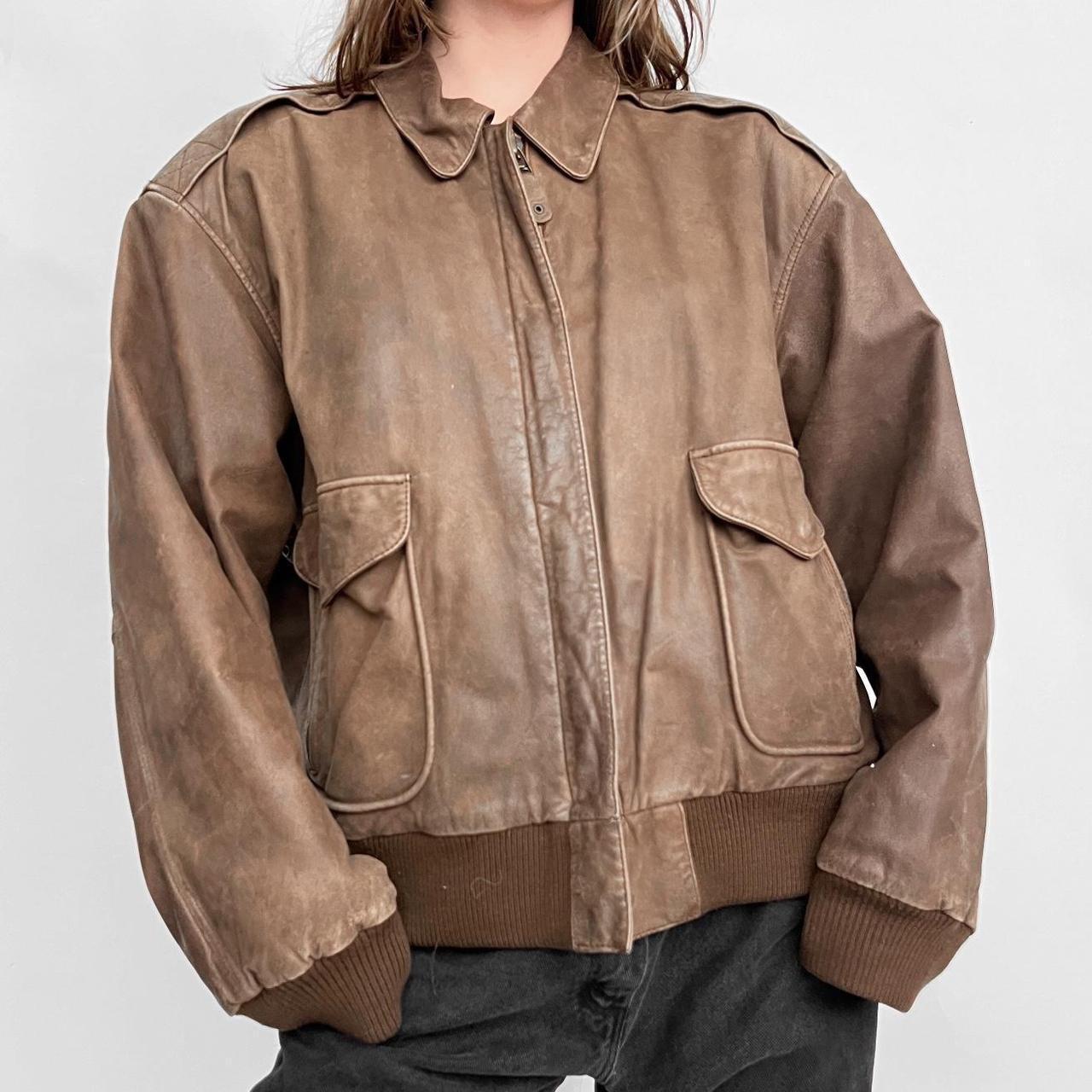 vintage brown leather bomber jacket vintage... - Depop