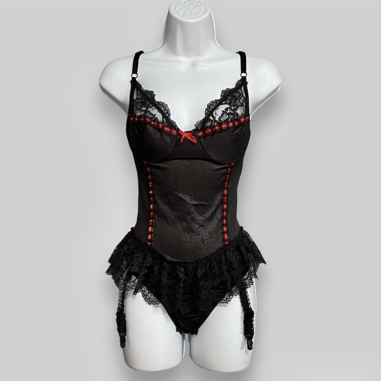 Vintage Black & Red Lace Teddy Bodysuit... - Depop