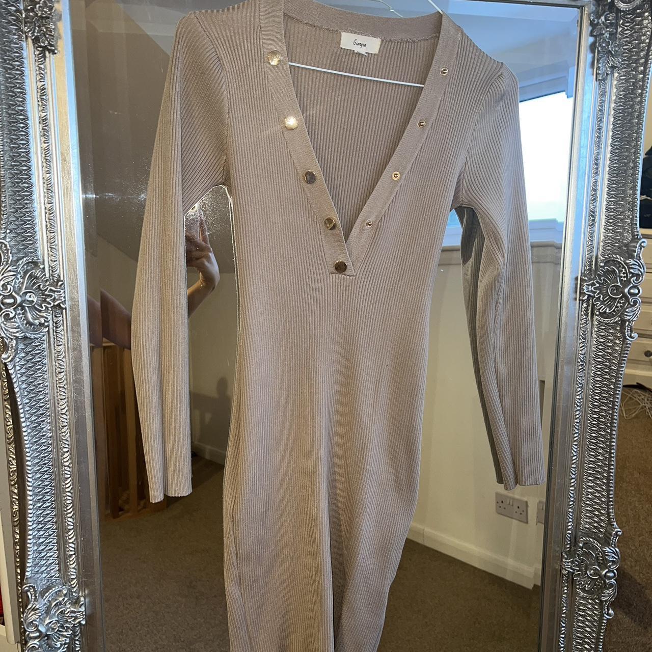 Beige ribbed v neck gold button dress Long... - Depop