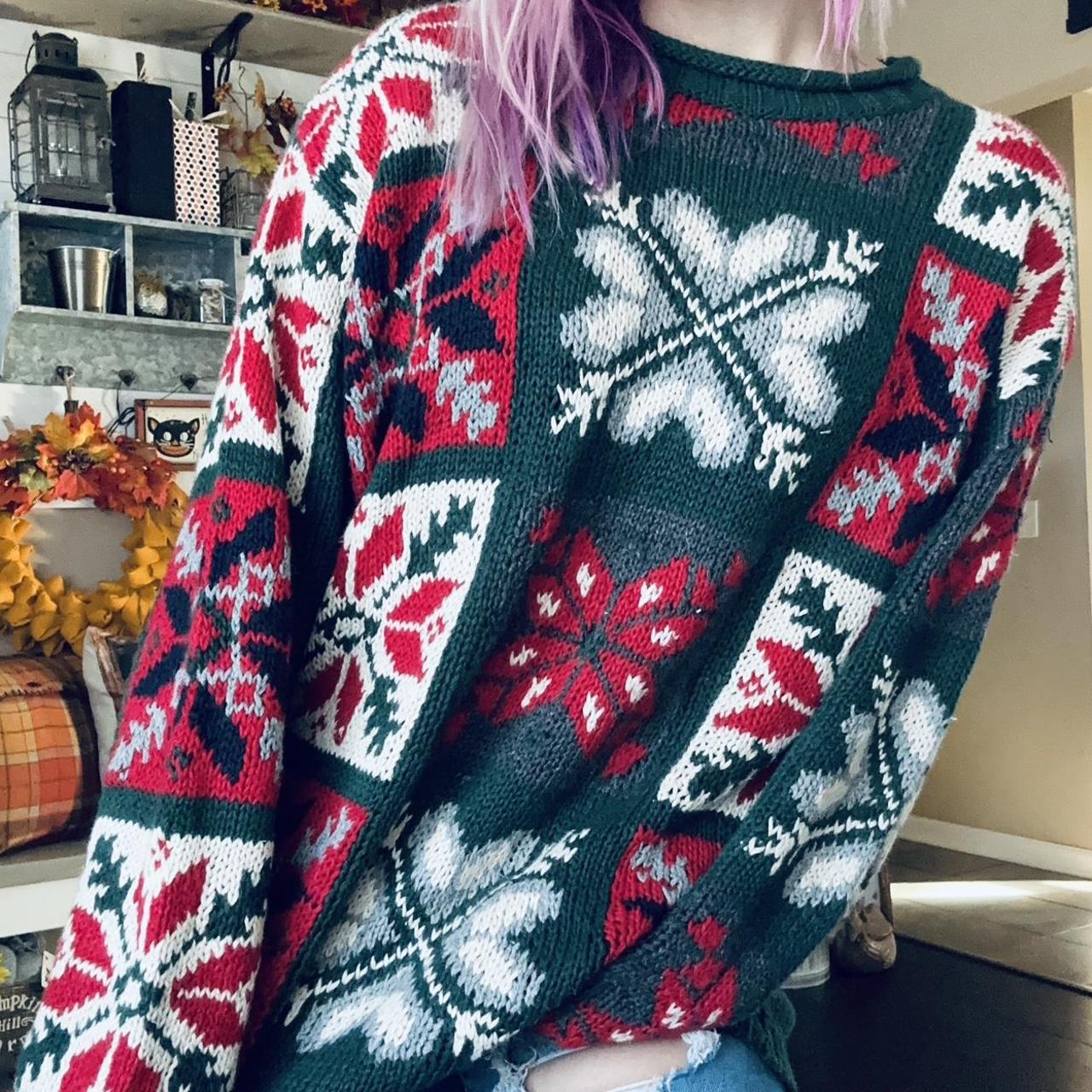 Vintage style red and green crochet knit oversized... - Depop