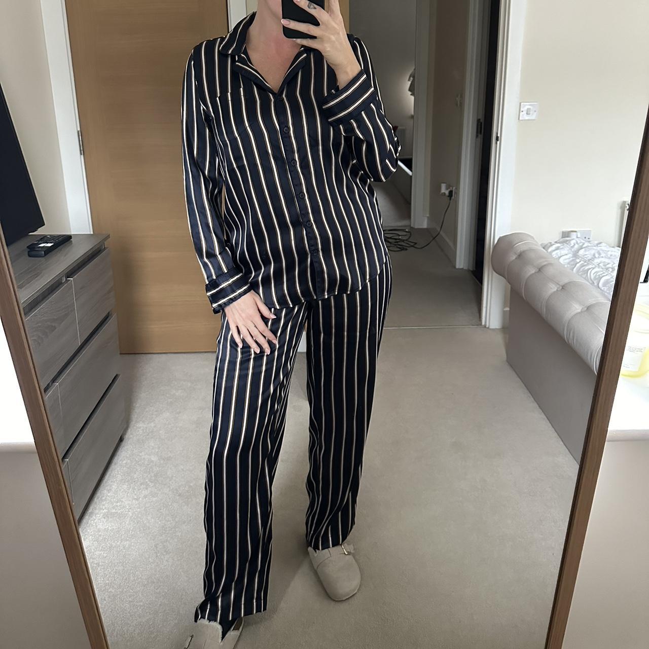 Topshop navy satin striped pyjamas size... - Depop