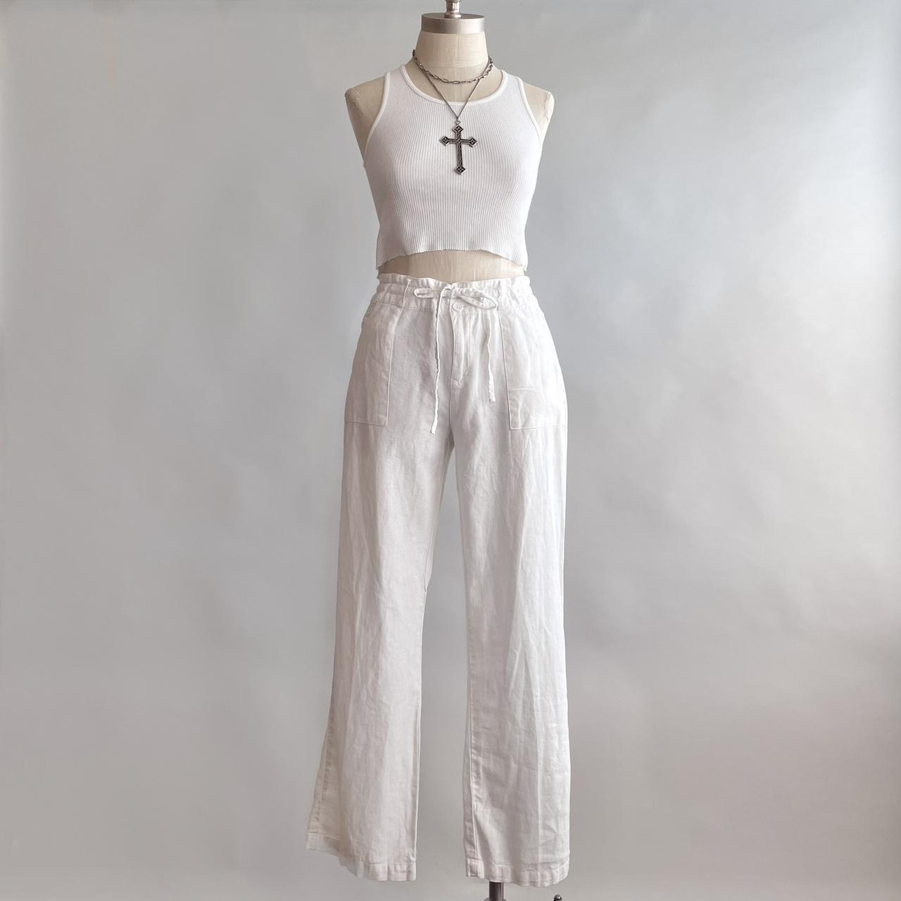 White Linen Flowy Pants Casual summer bright white... - Depop
