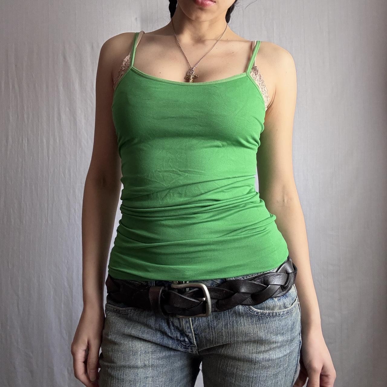 Stretchy green knit form fitting layered built-in... | Depop