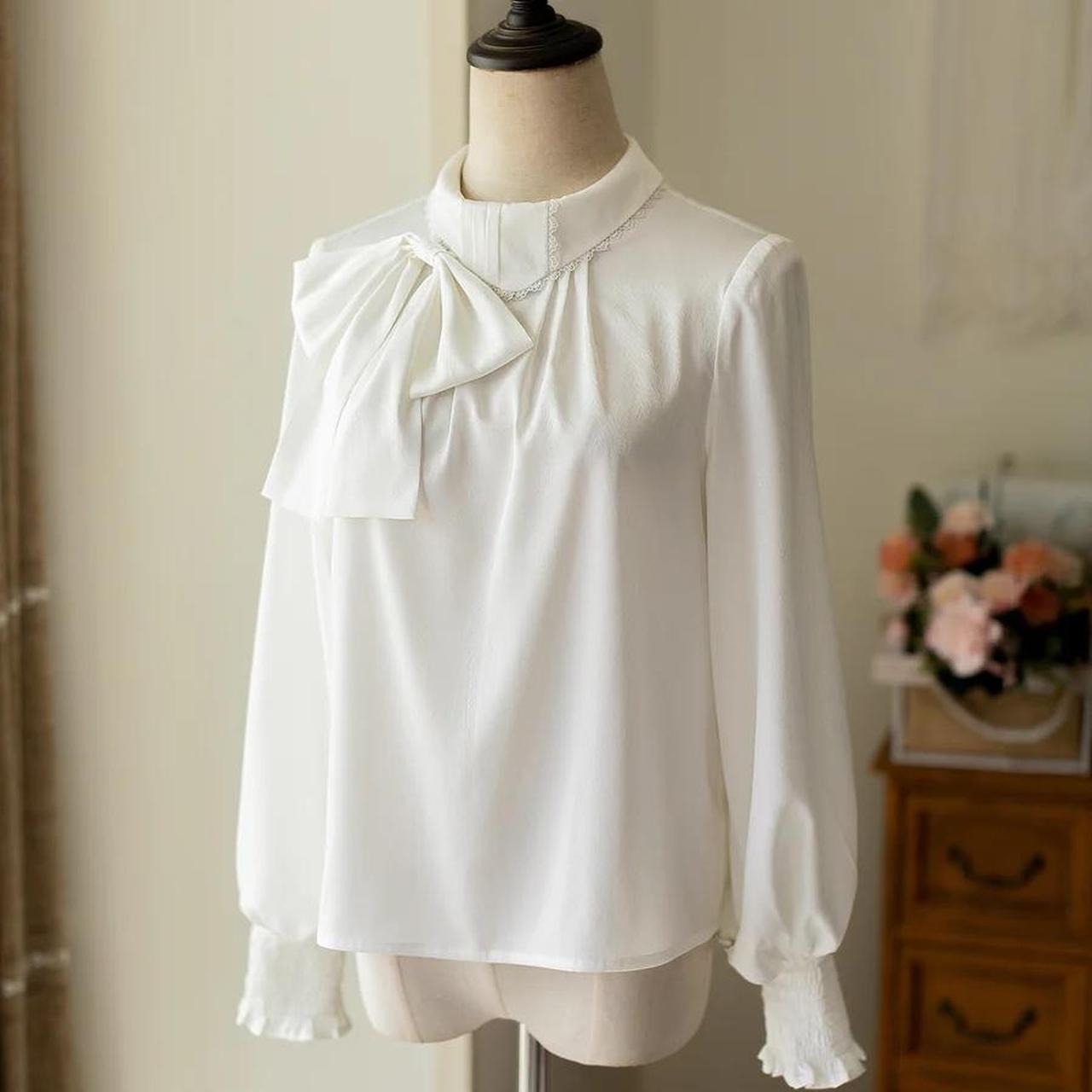 Indie lolita brand white silky vintage style blouse... - Depop