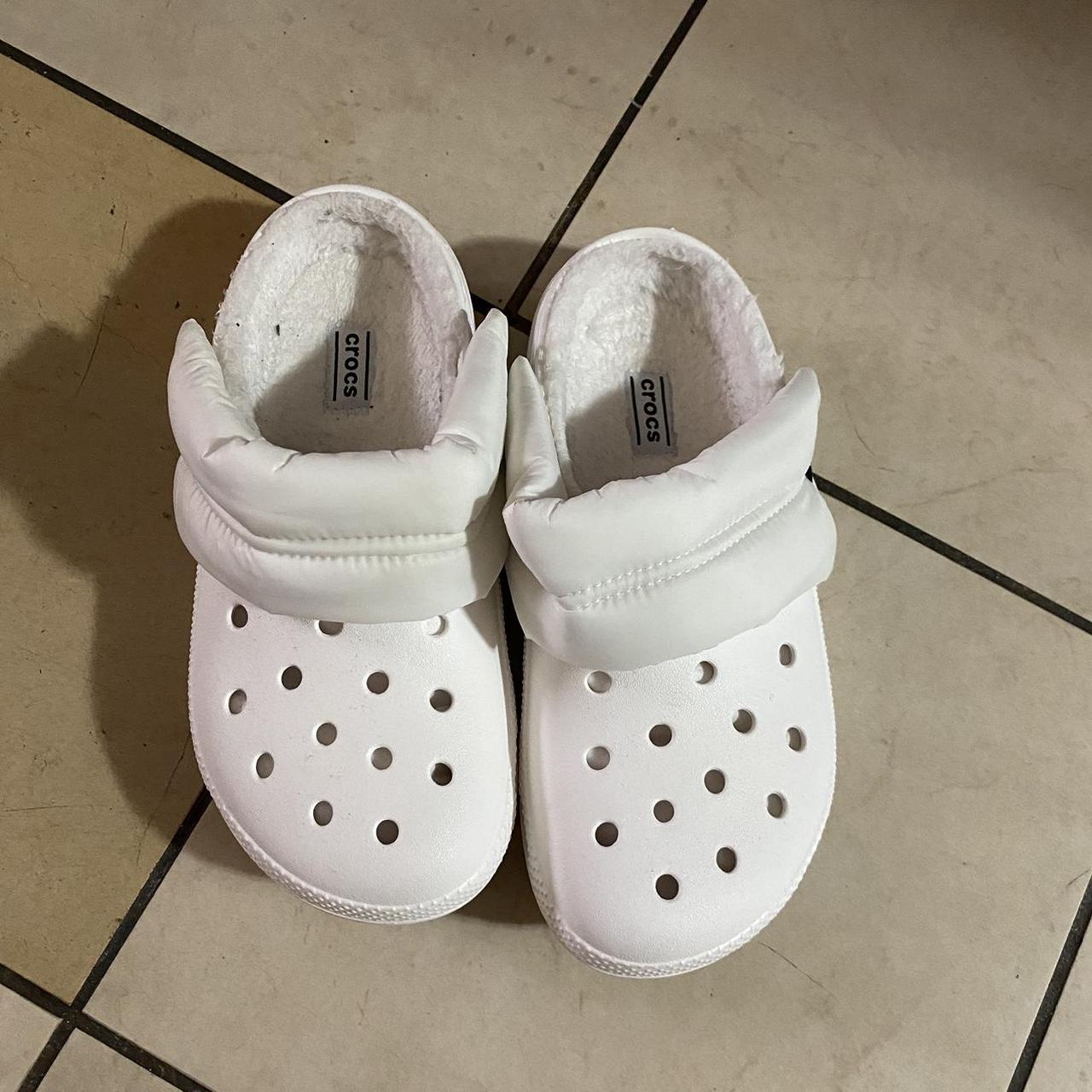 White fuzzy crocs Worn but good condition Puffy straps - Depop