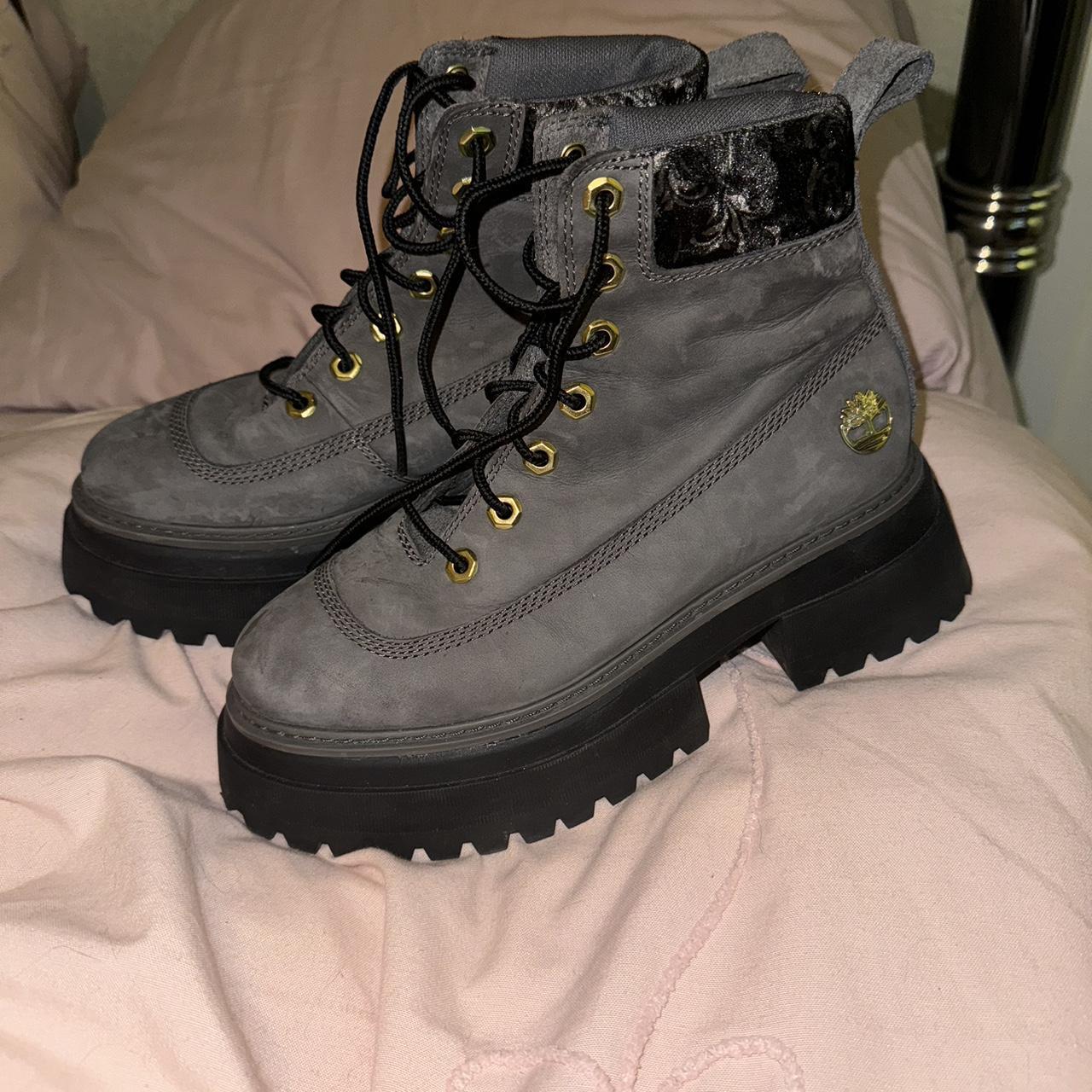 Grey velvet accent Timberland platform boots limited... | Depop