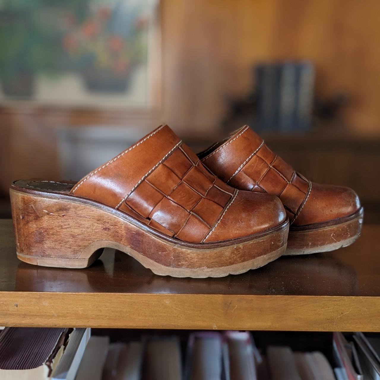 Vintage 1970s clog platform shoes. Chunky wood base... - Depop