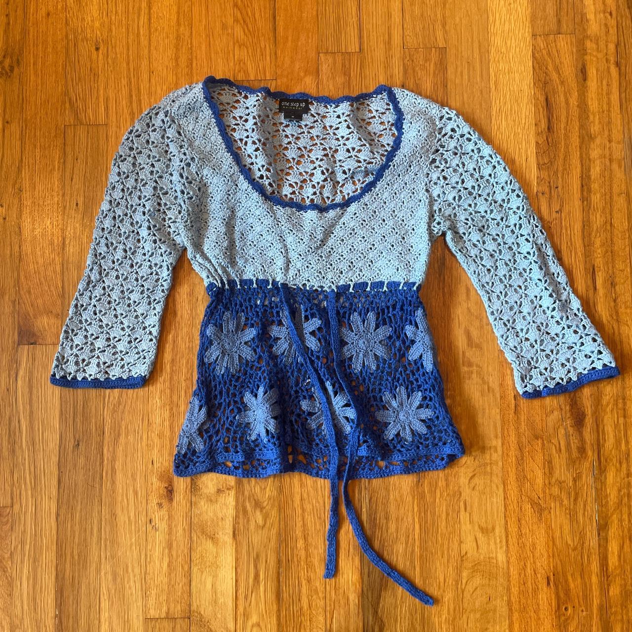 One Step Up Knitwear crochet top Bust: 16” Sleeve... - Depop