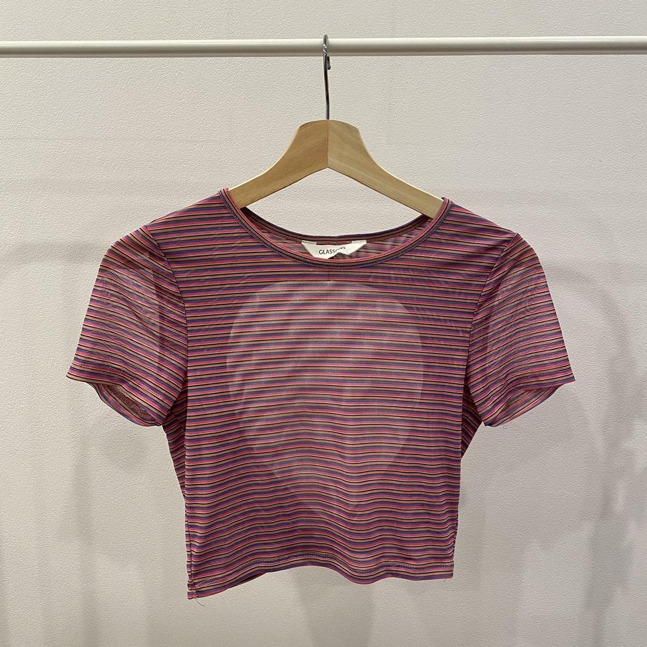 Sheer / mesh Glassons pink striped crop tee.... - Depop