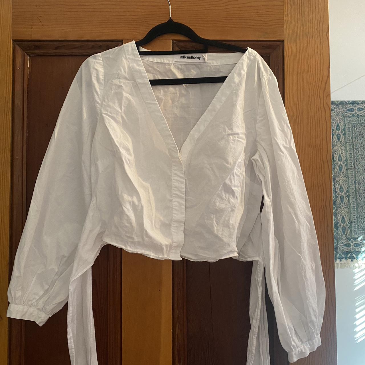 MILK AND HONEY- cropped wrap around white shirt,... - Depop