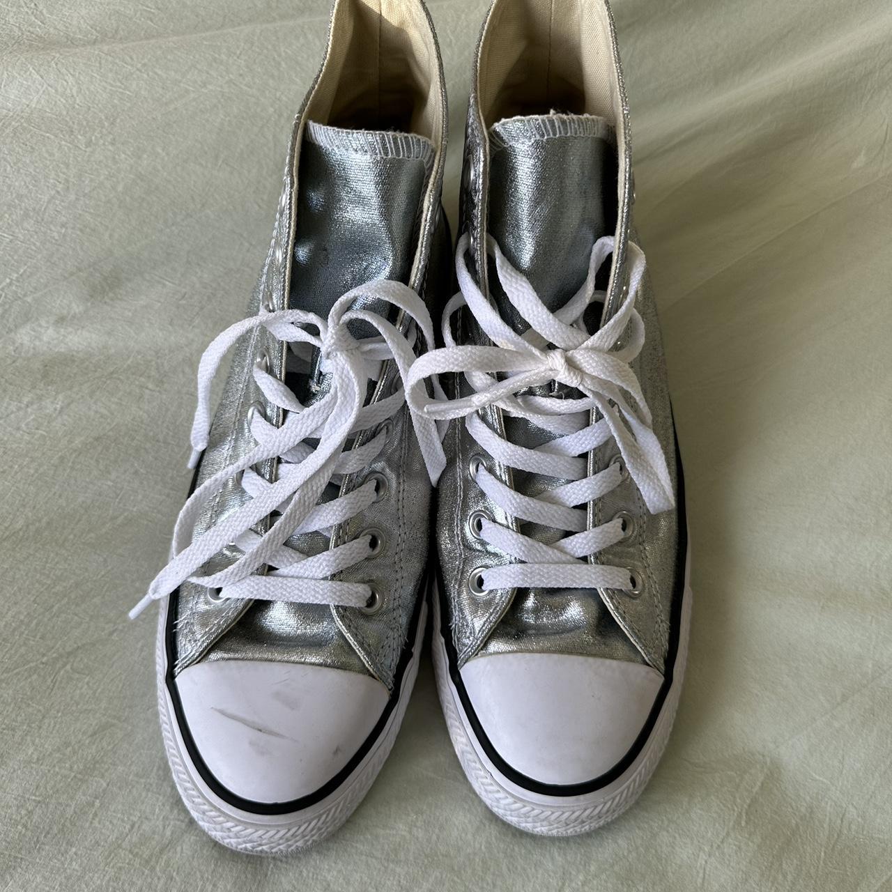 Metallic Silver high top converse all stars 🪩 fun... - Depop