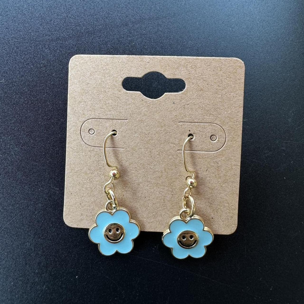 Light Blue Handmade Smiley Face / Flower Dangly... - Depop