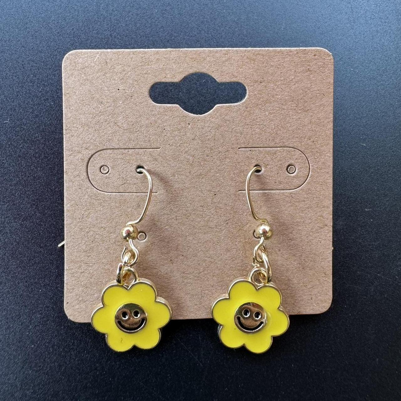 Yellow Handmade Smiley Face / Flower Dangly Earrings... - Depop