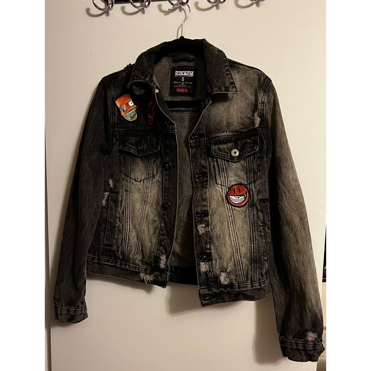 Black denim Staple Pigeon jacket with various... - Depop