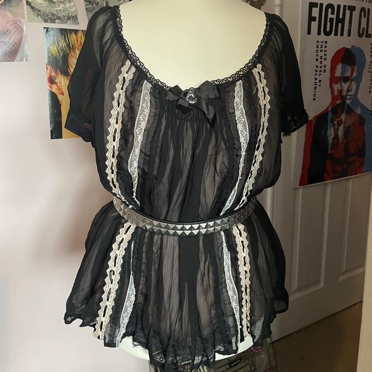 Gothic emo mesh layered lacey top with bow and jewel... - Depop