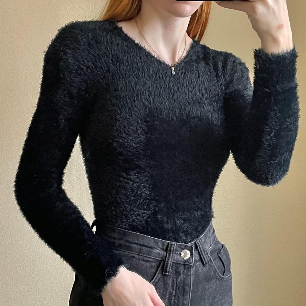 Black fuzzy long sleeve scoop neck top sized small... - Depop