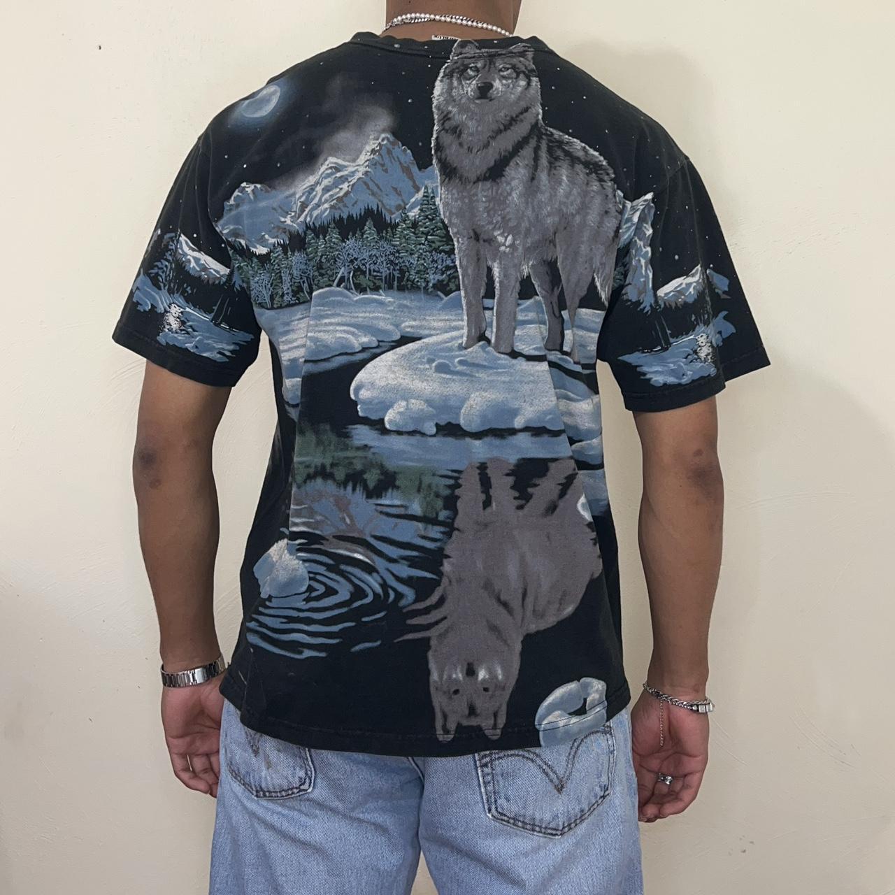 1995 Liquid Blue AOP Wolf Tee Men’s Size Large Fits... - Depop
