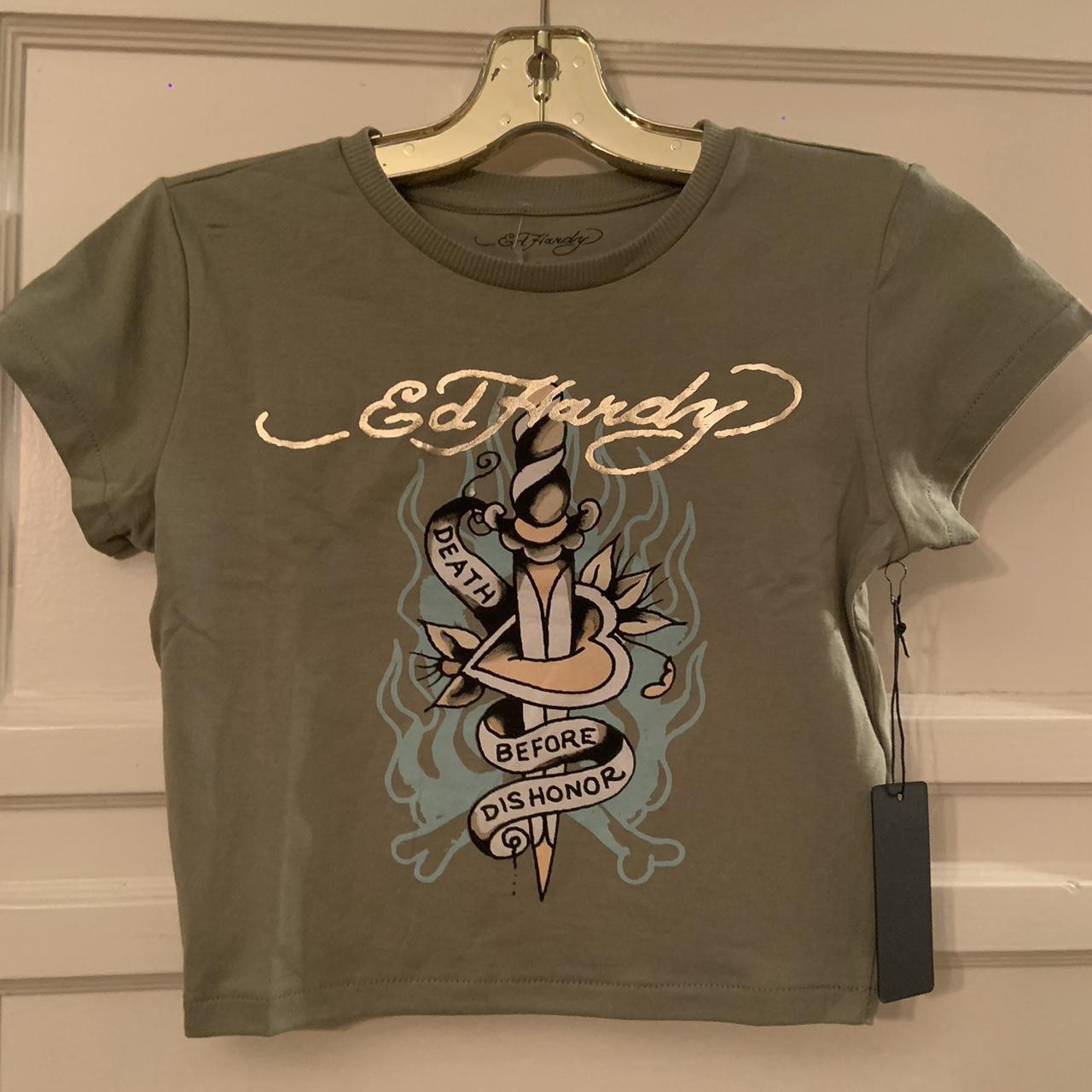 ed hardy olive green dagger heart gold signature... - Depop