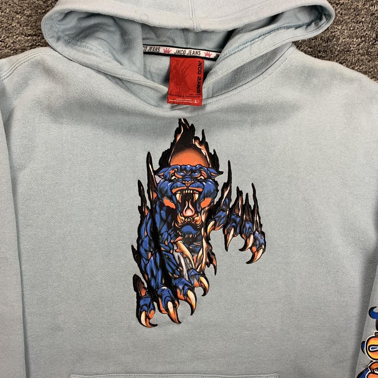 Baby blue jnco flame puff print graphic hoodie Tag... - Depop