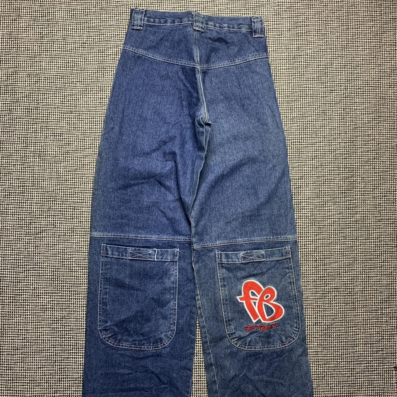 Dark wash hip hop fubu embroidered baggy jeans. W26"... - Depop