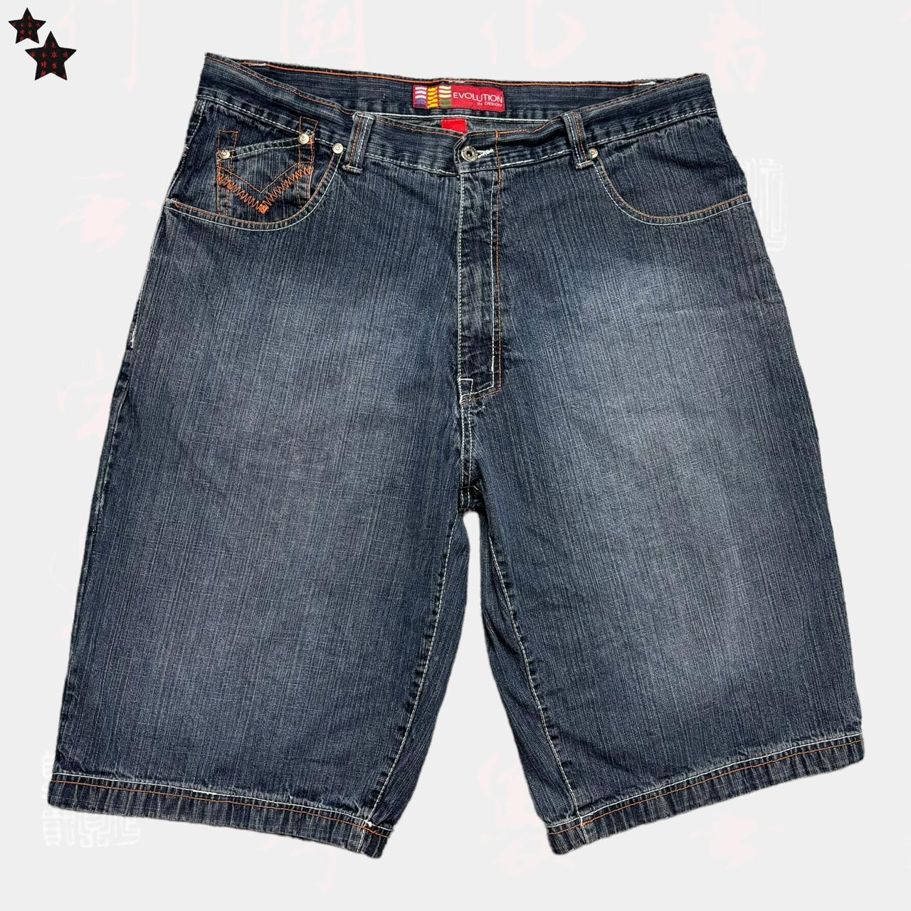 Dark wash hip hop evolution embroidered baggy jorts.... - Depop