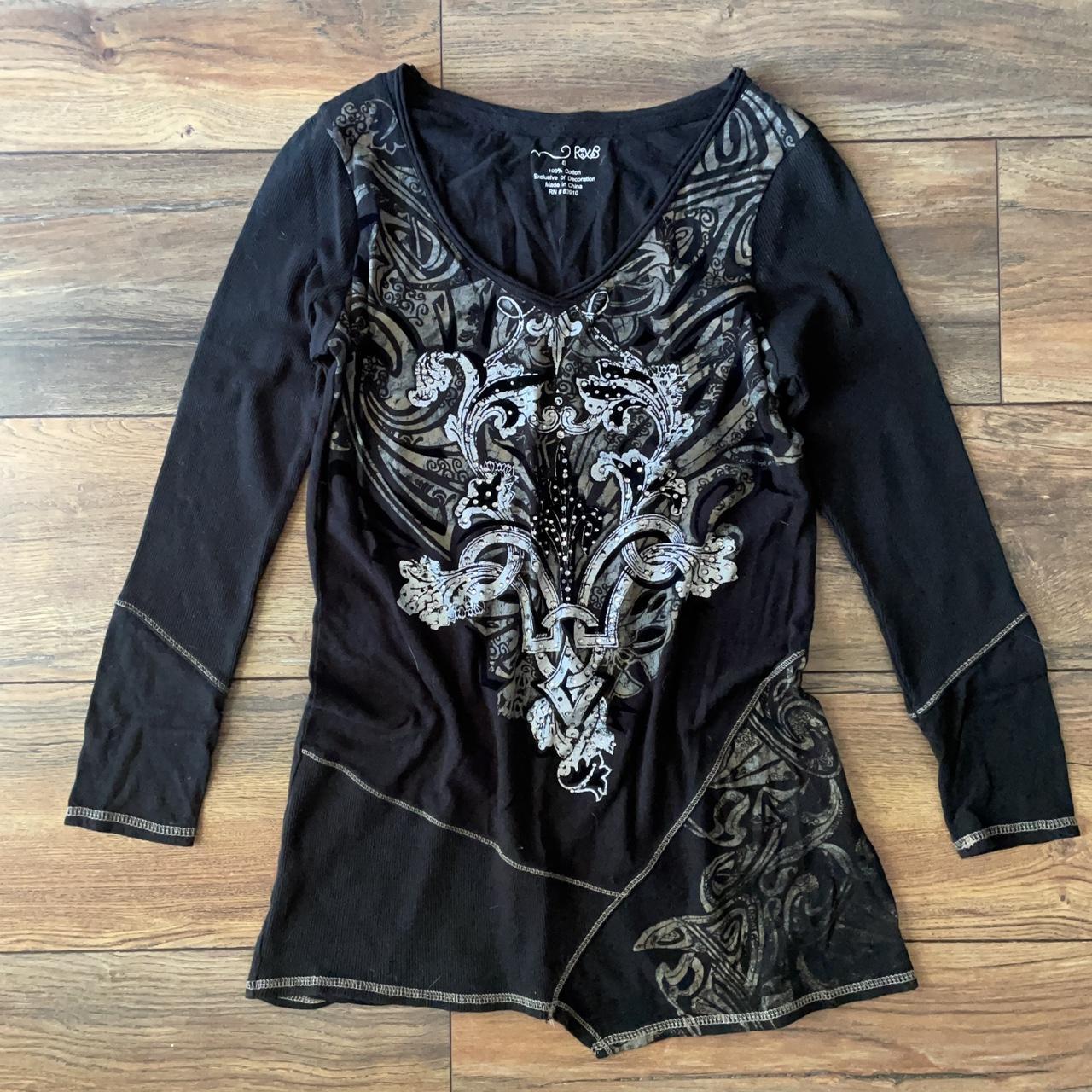 Black Y2K Cybergrunge Rhinestone Detail Shirt... - Depop