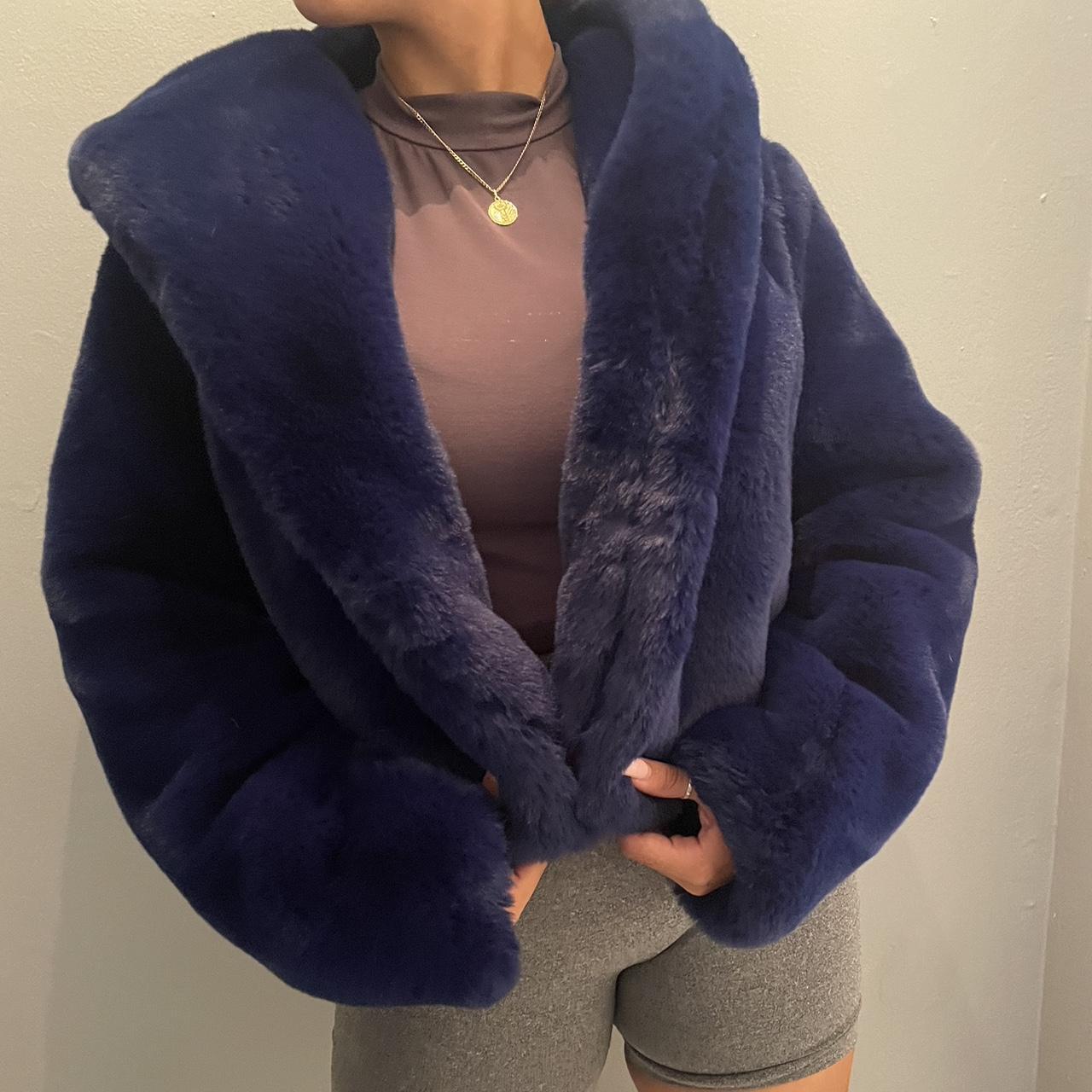Faux Navy Blue Fur Coat from Pretty Little... - Depop