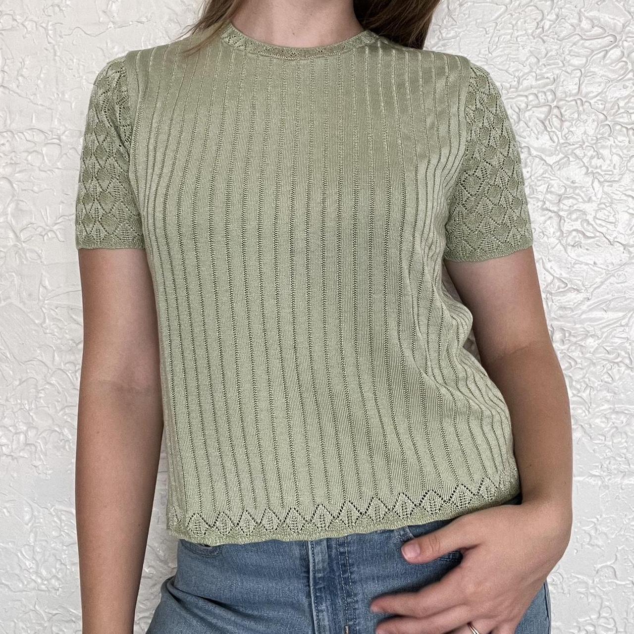 Green and textured knit top with a crochet-like... - Depop