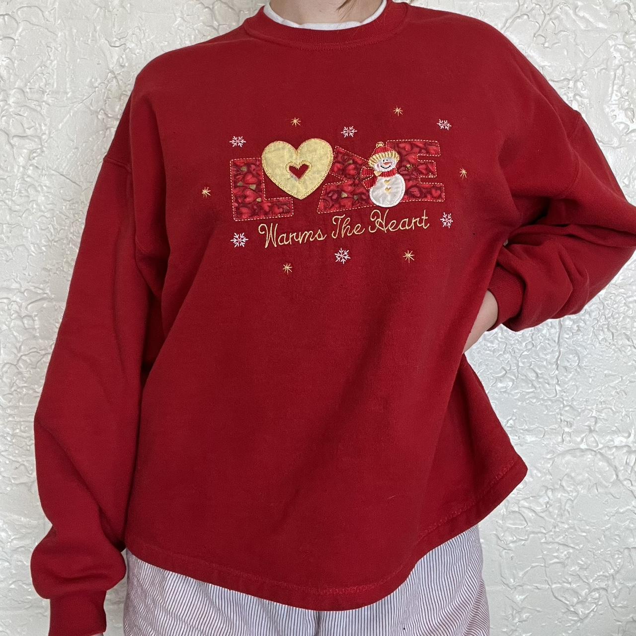 Embroidered red crewneck sweatshirt with "love warms... - Depop