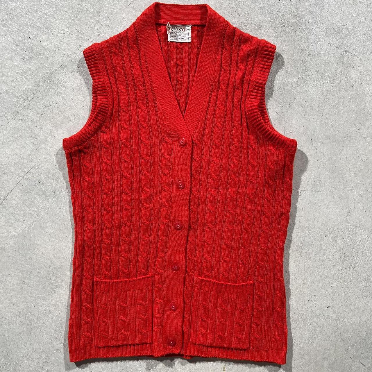 Vintage 1980s Bright Red Cable Knit Cardigan... - Depop