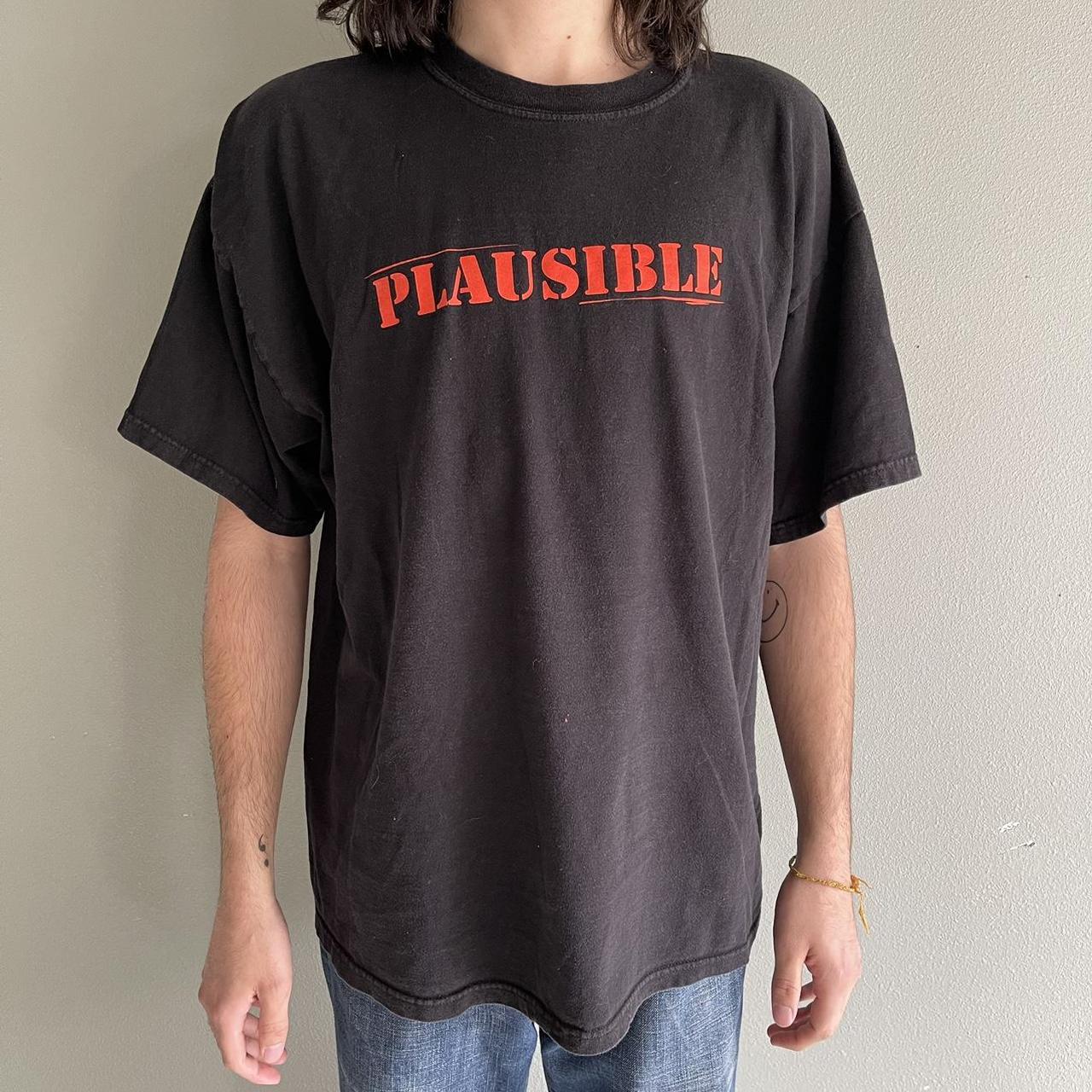 y2k Faded Black Plausible Ironic Script Tee great... - Depop