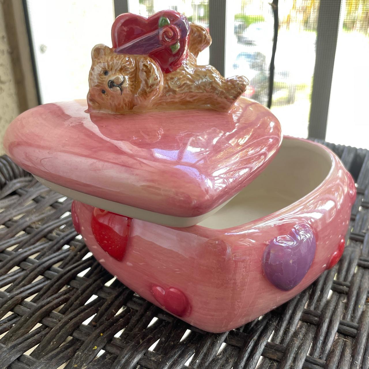 Pink ceramic heart-shaped trinket box with teddy... - Depop
