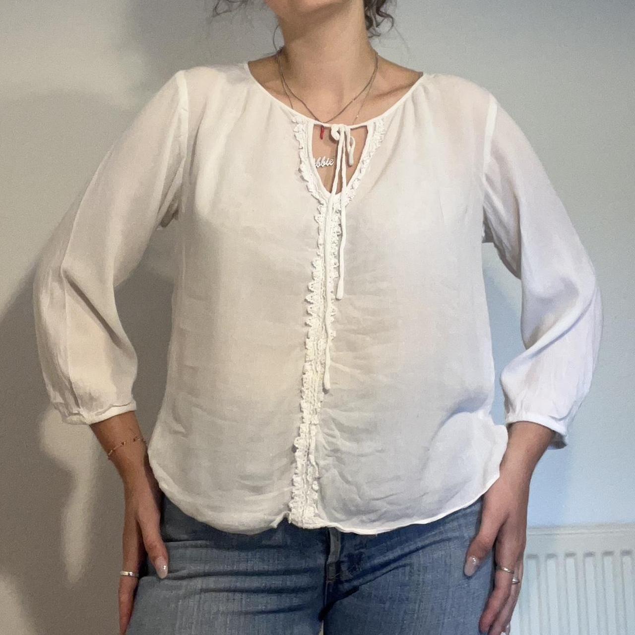 Delicate white sheer floaty sleeve blouse from... - Depop