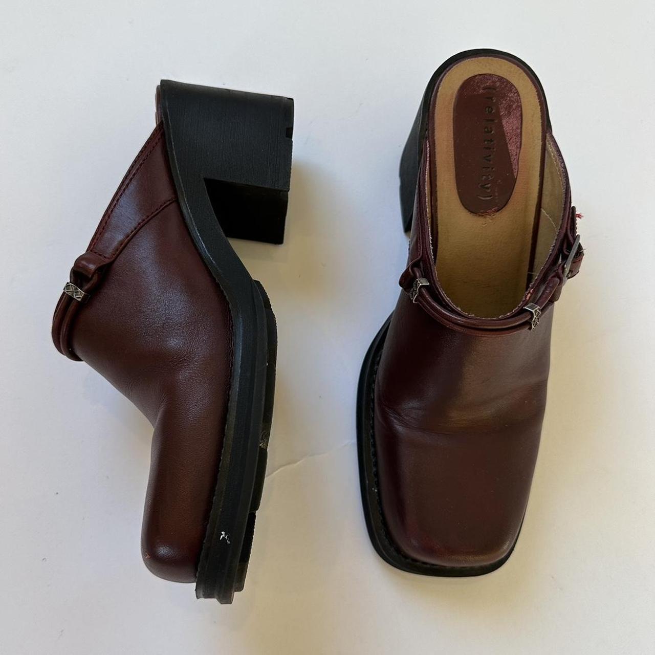 Vintage 90s burgundy chunky square toe buckle mules... - Depop