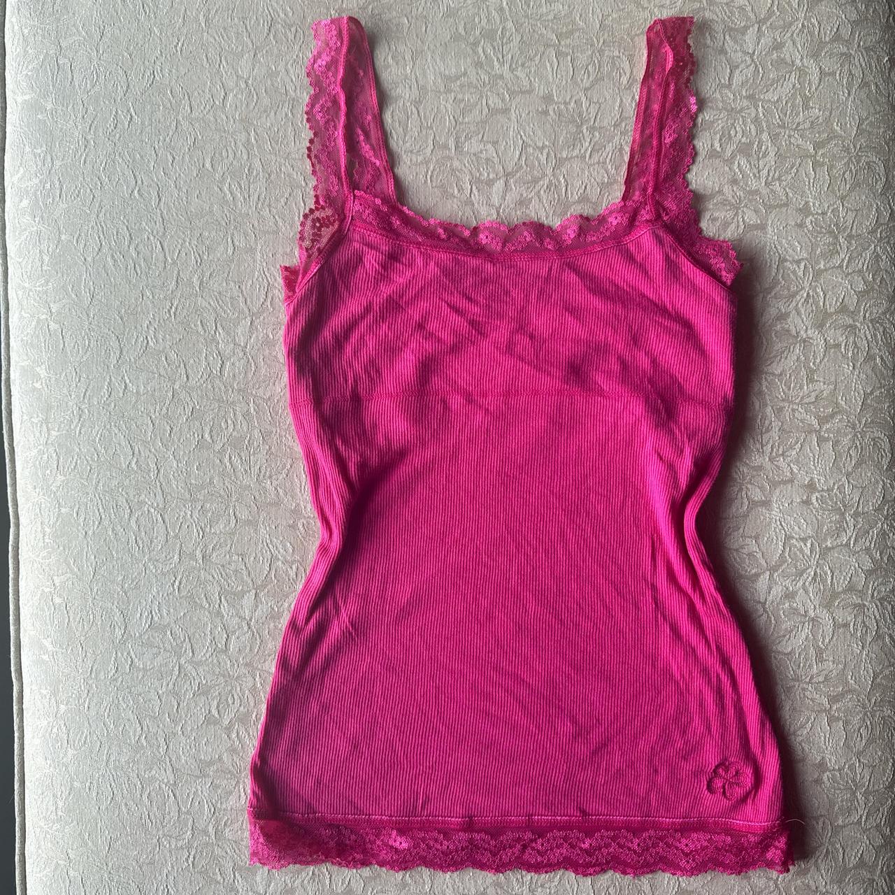 y2k hot pink cami with lace straps and detailing!... - Depop
