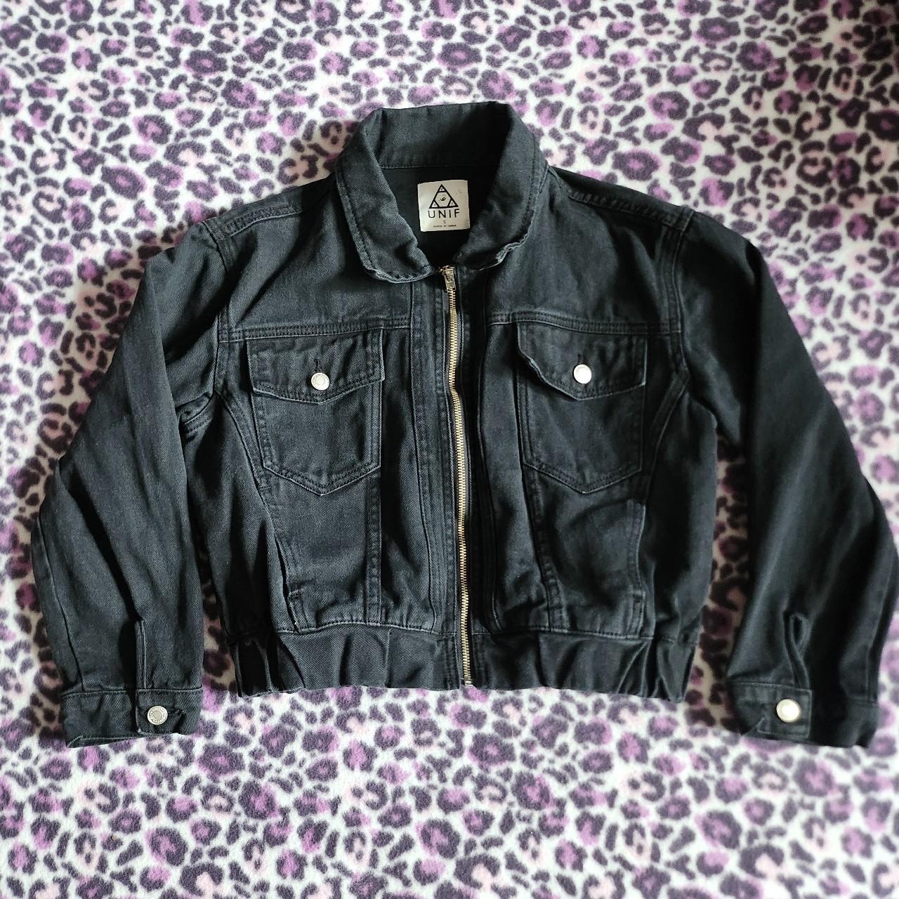 Unif black denim jacket with zipper and button... | Depop